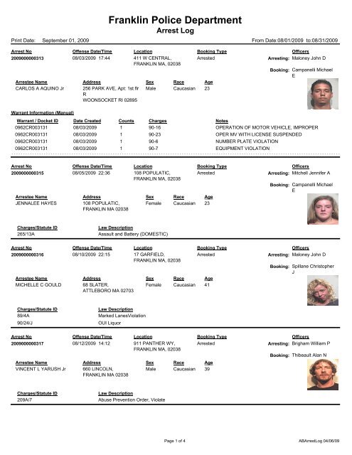 Arrest Log - Town of Franklin