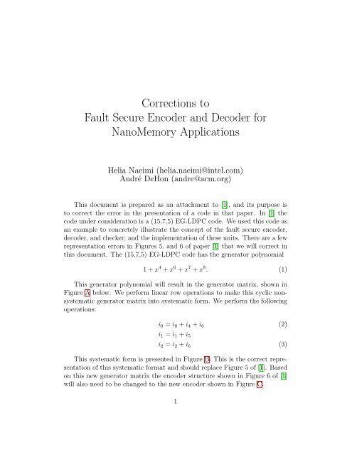 Corrections To Fault Secure Encoder And Decoder For Nanomemory 2437