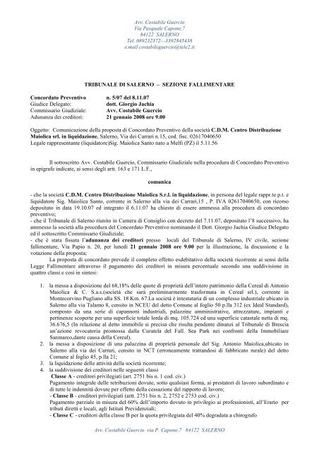 Comunicazione della proposta di Concordato Preventivo Comunicazione della proposta di Concordato Preventivo