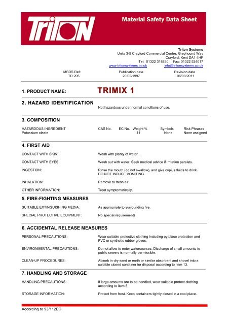 Trimix 1 Material Safety Data Sheet Download - Triton Chemicals