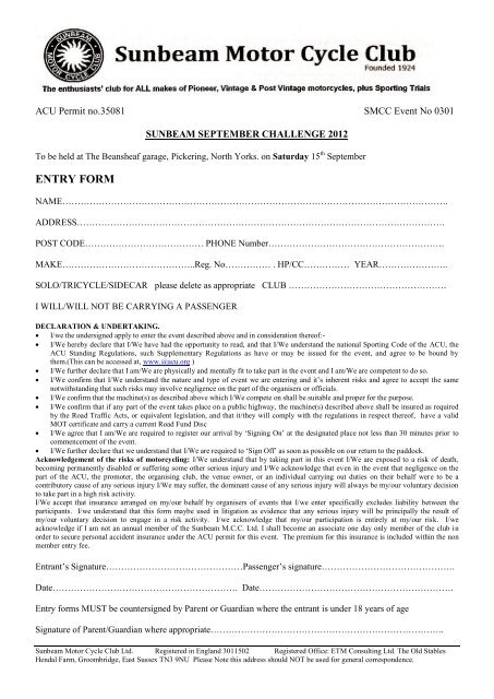 ENTRY FORM - Sunbeam MCC