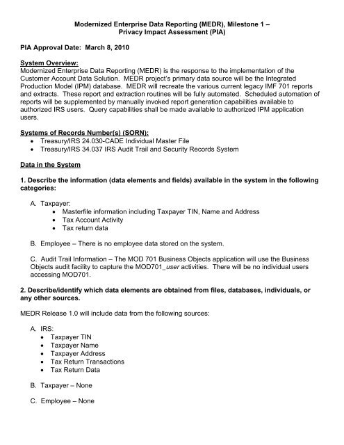 Modernized Enterprise Data Reporting (MEDR) Milestone 1 ...