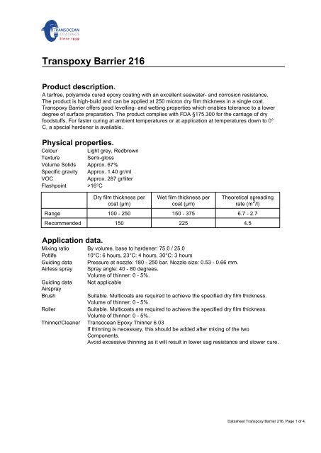 Product Data Sheet Transpoxy Barrier 216 - Transocean Coatings