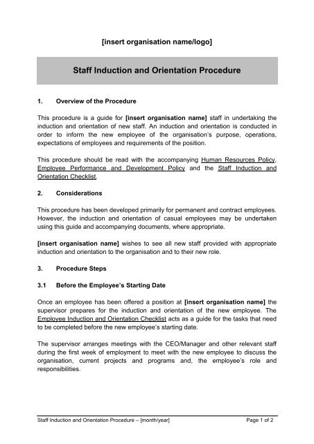 Staff Induction and Orientation Procedure - The MHCC Policy ...