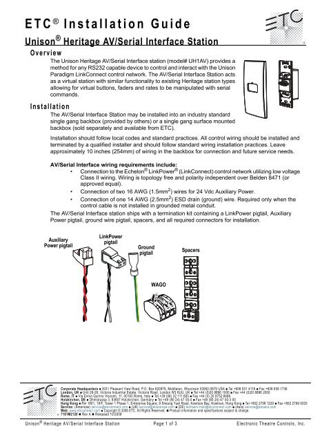 Unison® Heritage AV/Serial Interface Station Installation Guide - ETC