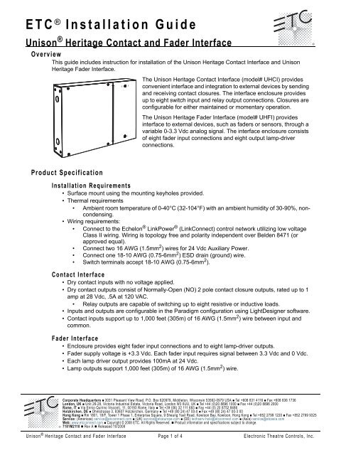 Unison Heritage Contact and Fader Interface Installation Guide - ETC