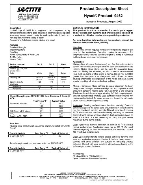 Product Description Sheet HysolÂ® Product 9462