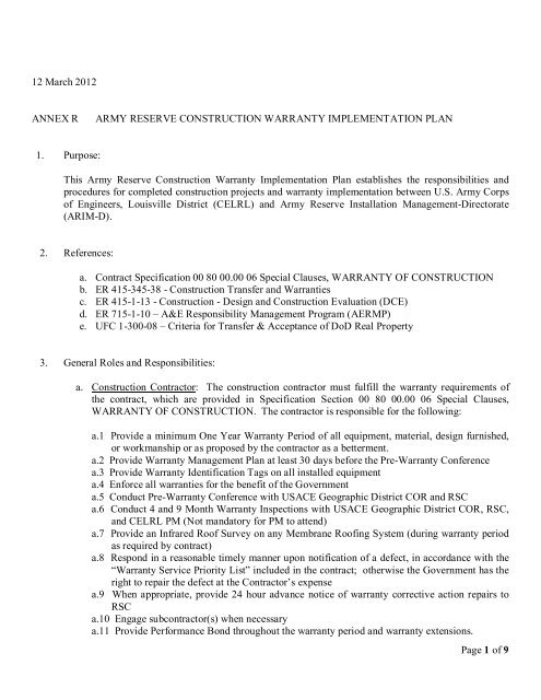 Warranty Implementation Plan - Louisville District - U.S. Army
