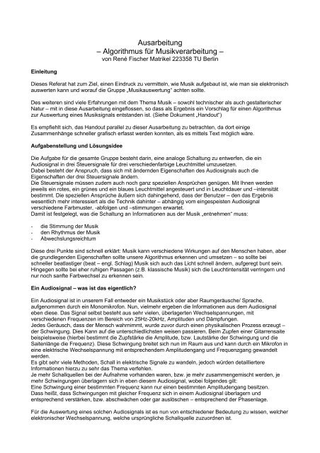 Ausarbeitung - Projektlabor - TU Berlin