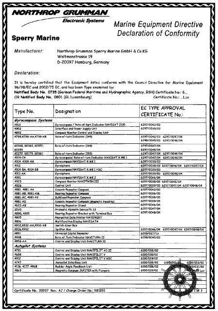 Marine Equipment Directive Declaration of Conformity - Sperry Marine