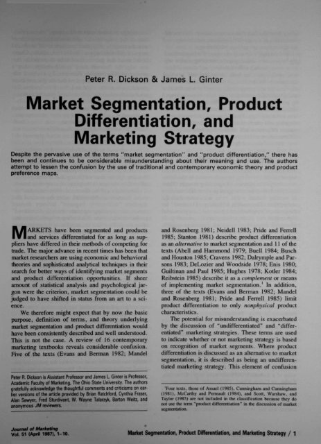 Market Segmentation, Product Differentiation, and Marketing Strategy