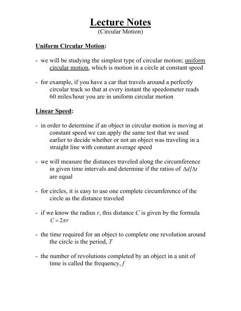 Lecture Notes (Circular Motion) - Dickey Physics Lecture Notes (Circular Motion) - Dickey Physics