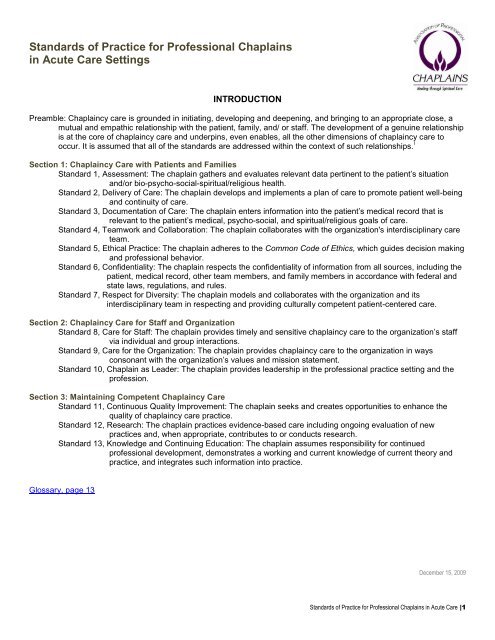Standards of Practice for Professional Chaplains in Acute Care