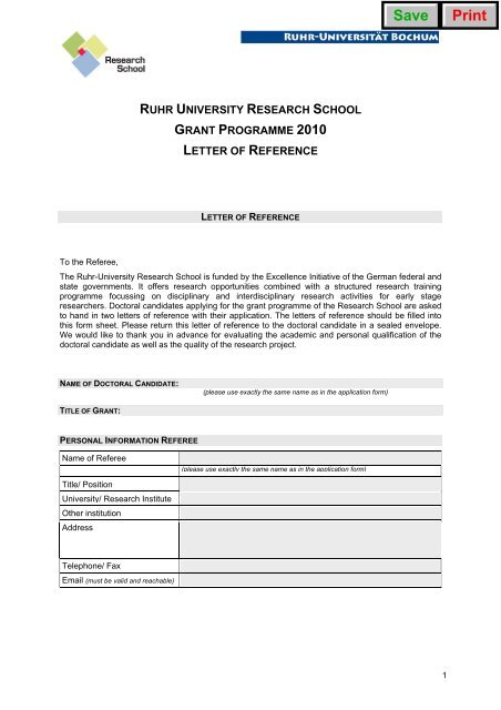 Reference Letter Programme 2010 - RUB Research School