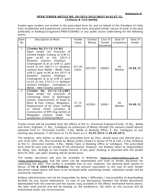 Annexure-A OPEN TENDER NOTICE NO. 20 ... - Eastern Railway