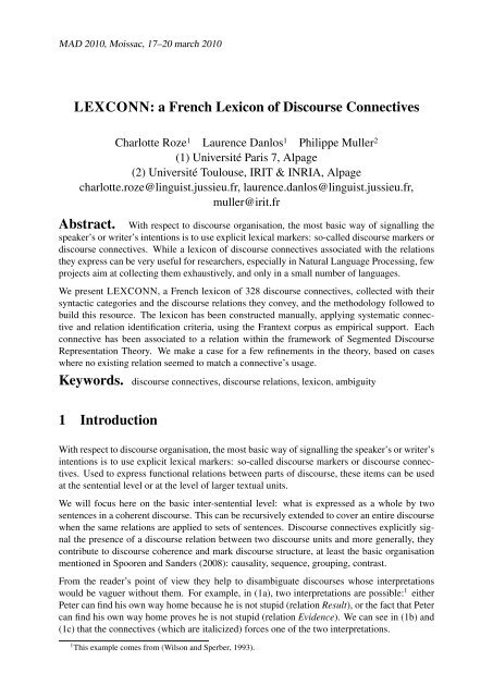 LEXCONN: a French Lexicon of Discourse Connectives 1 Introduction