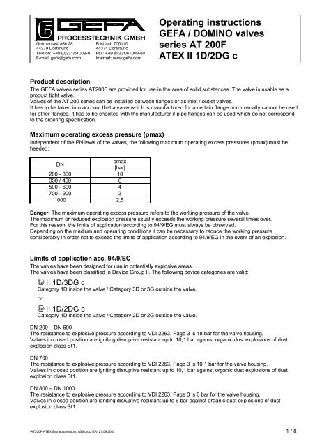 Operating instructions GEFA / DOMINO valves series AT 200F ATEX ...