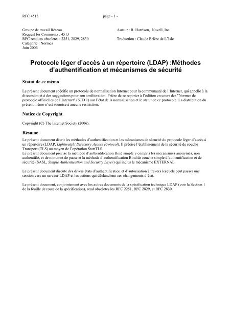 (LDAP) :Méthodes d'authentification et mécanismes de sécurité - RFC