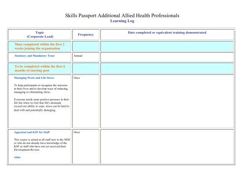 Skills Passport AHPs Learning Log
