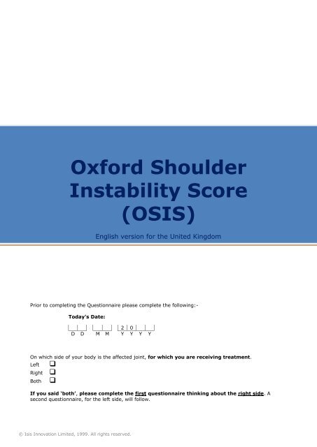 Oxford Shoulder Instability Score (OSIS) - Isis Innovation
