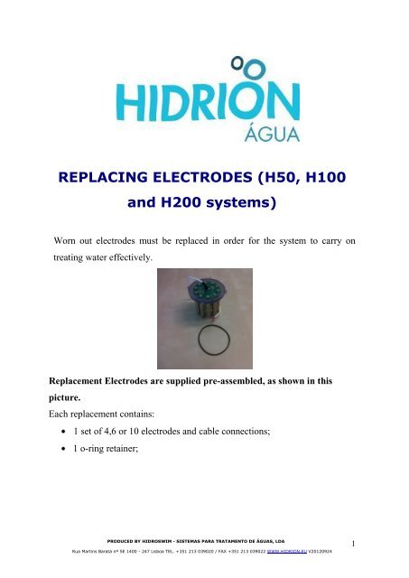 REPLACING ELECTRODES (H50, H100 and H200 systems) - Hidrion