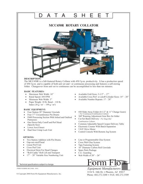 MCC450R ROTARY COLLATOR - FORM FLO EQUIPMENT