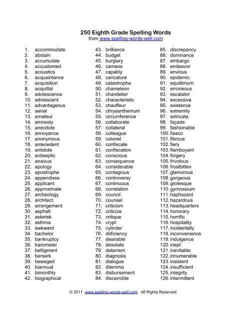 8th Grade Spelling Words List 8th Grade Spelling Words List