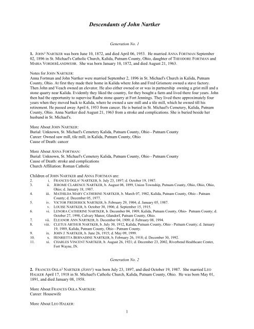 John Nartker Family Tree - Birkemeyer & Heckman Family History Site