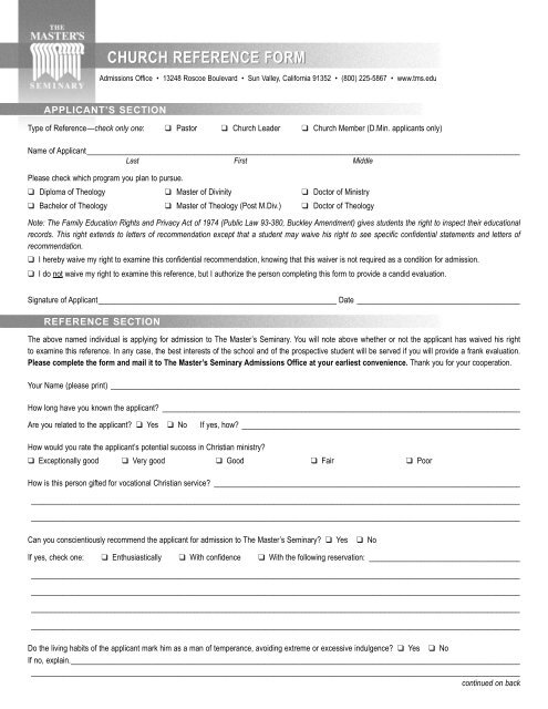 Church Reference Form - The Master's Seminary