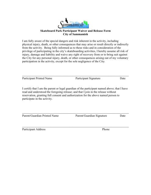 Participant Waiver and Release Form - City Of Sammamish