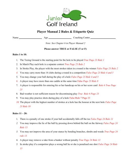 Manual 2 Quiz and Answers - Junior Golf Ireland