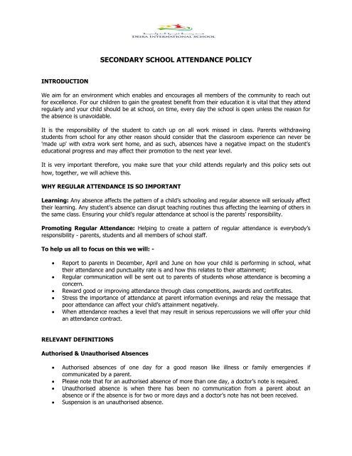 SECONDARY SCHOOL ATTENDANCE POLICY - Deira ...