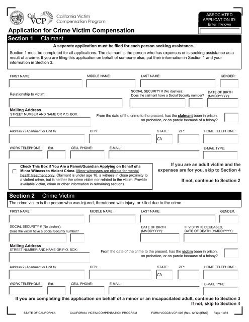 Application for Crime Victim Compensation - California Victim ...