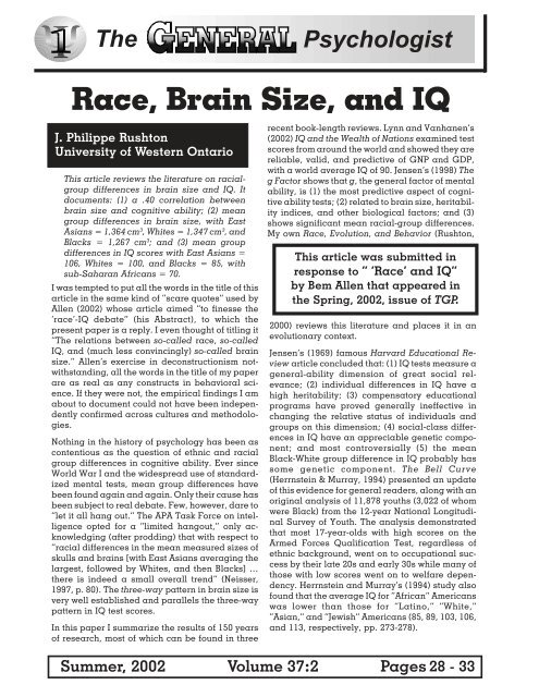 Race, Brain Size, and IQ - Psychology - University of Western Ontario