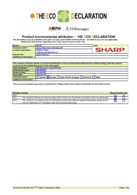 Product environmental attributes â THE ECO DECLARATION - Sharp