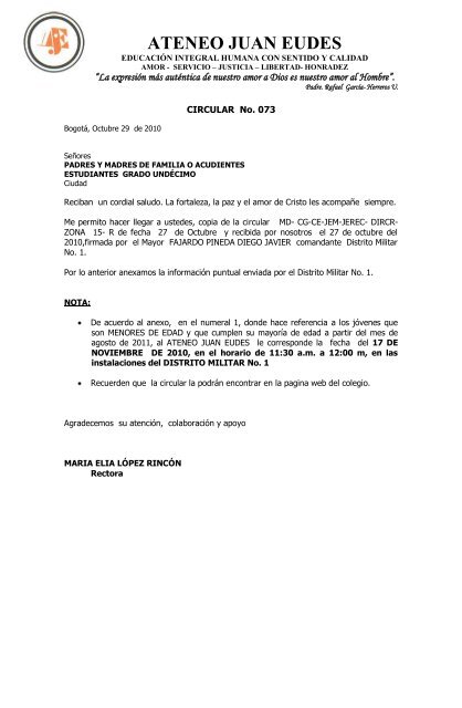 Circular No. 073 - Colegio Minuto de Dios
