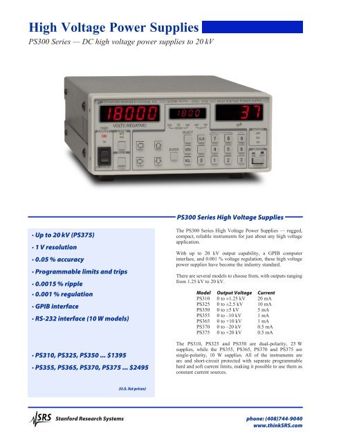 High Voltage Power Supplies - Stanford Research Systems