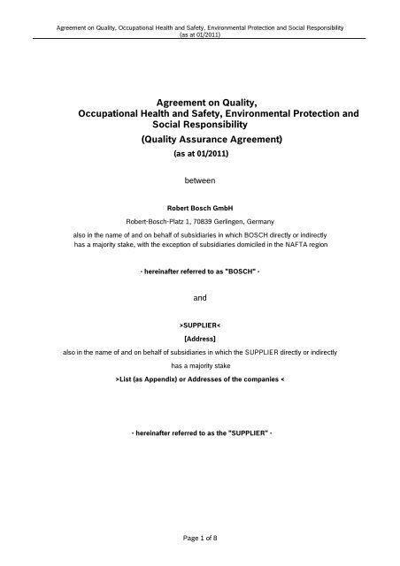 Supplier Quality Agreement Template