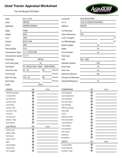 Used Tractor Appraisal Worksheet - John Deere MachineFinder