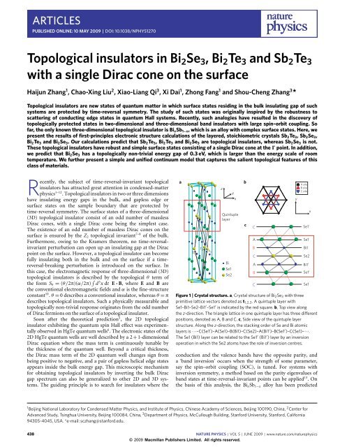 Topological insulators in Bi2Se3, Bi2Te3 and Sb2Te3 with a single ...