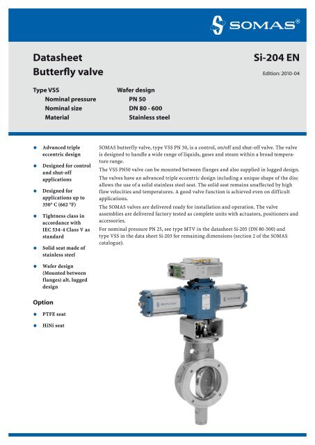 Technical Brochure, Somas VSS High Pressure Butterfly Valve, Si ...