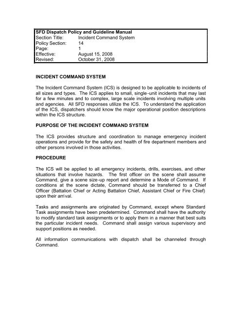 SFD Dispatch Manual, Chapter 14 - Incident Command System