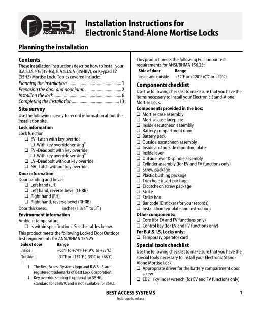Installation Instructions for Electronic Stand-Alone Mortise Locks