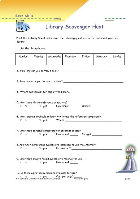Library Scavenger Hunt - Quebec English Literacy Alliance