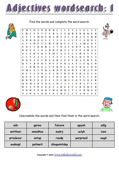 Wordsearch adjectives 1 worksheet - ESL Kids World