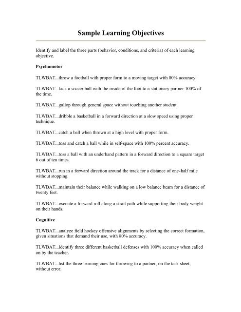 Sample Learning Objectives - PAWS