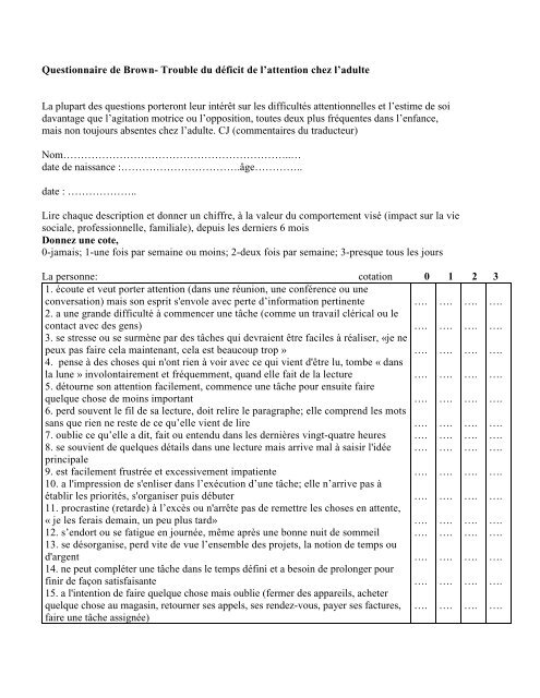 PDF Télécharger questionnaire tdah adulte Gratuit PDF | PDFprof.com