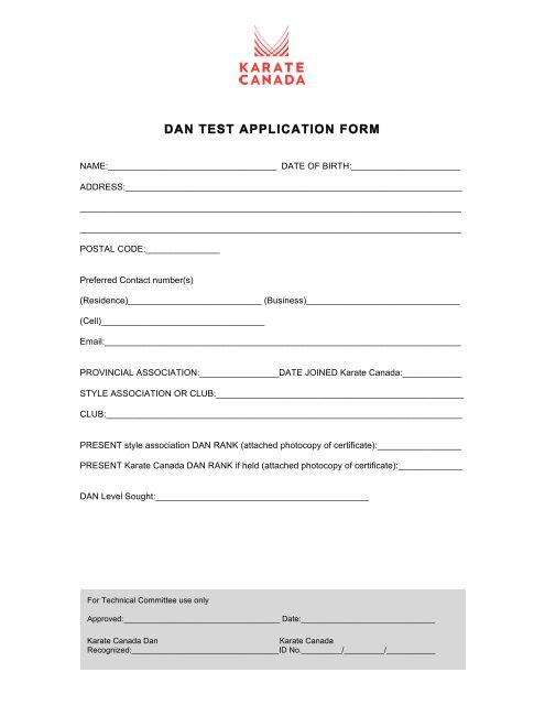 Dan Testing Application Form - Karate Canada