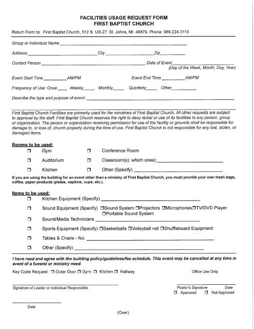 FACILITIES USAGE REQUEST FORM FIRST BAPTIST CHURCH