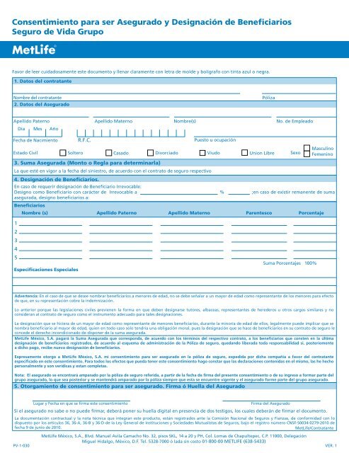 Consentimiento para ser Asegurado y DesignaciÃ³n de ... - MetLife